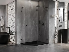 Mexen Lunar, L pravý výklopný pětiúhelníkový sprchový kout 100 x 90 cm, 8mm čiré sklo, černý profil, 831L-100P-090L-70-00-P