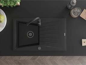 Mexen Cesar, granitový dřez 775x470x190 mm, 1-komorový, černá s černým sifonem, 6514771010-77-B