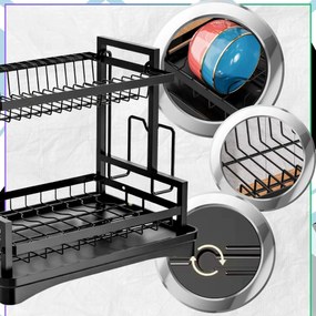 Camerazar Dvoupatrový sušič nádobí, kuchyňský organizér s odkapávačem, černý