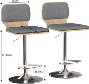 HOMCOM 2dílná sada barových židlí, výškově nastavitelná, s opěradlem a opěrkou nohou, otočná o 360°, 41x47,5x81-102 cm, šedá