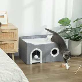 PawHut skládací dům pro kočky s škrabadlem, 3 otvory, zavěšená kulička, oboustranný polštář z plyše a lněného vzhledu, 60x40x34 cm, šedá