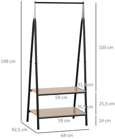 HOMCOM Věšák na šaty se 2 policemi, kov/přírodní dřevo, 149 cm 850-096
