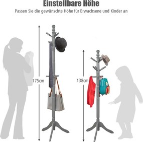 Costway Věšák s 9 háčky volně stojící věšák na šaty s nastavitelnou – šedá