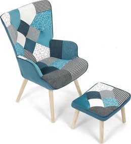 Relaxační křeslo ušák s podnožkou LYRO - modrá patchwork látka