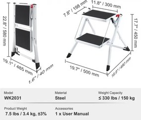 Schůdky, 2stupňová, nosnost 150 kg, Ergonomická skládací ocelová schůdková stolička