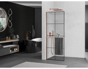 Mexen Kioto+ L, sprchová zástěna Walk-In s poličkou a věšákem 70 x 200 cm, 8mm čiré sklo černý vzor, ​​měděný matný profil, 800-070-123-65-77