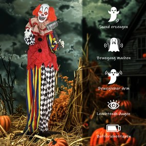 Outsunny Hrůzostrašný klaun, animatronika na Halloween, 173 cm, svítící oči, aktivace zvukem, pohyblivé paže a hlava, na baterie, plast, kov, červená