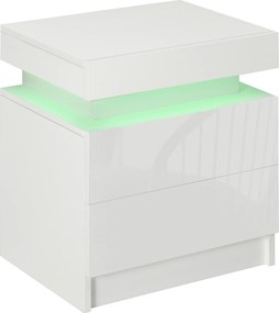 HOMCOM noční stolek s RGB LED světlem, vysokolesklá deska se 2 šuplíky pro obývací pokoj nebo ložnici, bílá