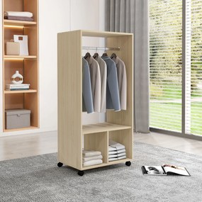 HOMCOM Skříň s kolečky - Otevřený design, organizér s šatní tyčí a policemi pro oblečení do ložnice 60x40x128 cm - Přírodní dřevo