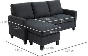HOMCOM Rohová Sedačka se Spací Funkcí, 3místná Sedačka s Polštáři, L-Tvarovaný Gauč do Obývacího Pokoj, Ložnice 197 x 139 x 91 cm, Polyester, Tmavě š…