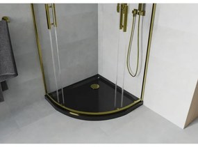 Mexen Rio, čtvrtkruhový sprchový kout s posuvnými dveřmi 90 (dveře) x 90 (dveře) x 190 cm, 5mm čiré sklo, zlatý profil + černá sprchová vanička SLIM, 863-090-090-50-00-4170G