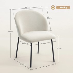 HOMCOM Set 2 židlí do jídelny z žebrovaného sametu, kuchyňské židle s kovovými nohami, 56x58x78 cm, krémové