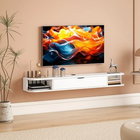 HOMCOM Závěsný TV nábytek, televizní nábytek pro televize až do 152,4 cm, výklopná zásuvka, 2 police, 140x24x16 cm, bílá