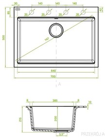 Laveo Tau, 1-komorový granitový dřez 700x500x215 mm, černá, LAV-SBT_B107
