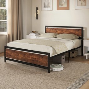 HOMCOM rám manželské postele 200 x 160 cm z oceli s roštem a čelem postele, kompatibilní s matrací tmavý dřevěný vzhled