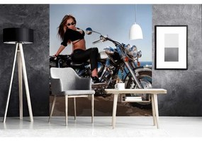 DIMEX | Vliesová fototapeta na zeď Dívka na motorce MS-3-0312 | 225 x 250 cm | modrá, béžová, černá, metalická
