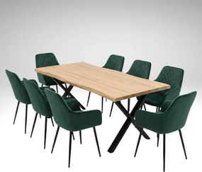 Vikio Jídelní set pro 8 osob 180x90 cm soft dub noha X zelená židle s područkami VJS228-8Z
