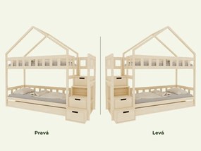 Benlemi Domečková patrová postel PLOTTY s úložnými schody 90x200 cm Zvolte barvu: Nelakovaná, Zvolte šuplík: Úložný šuplík, Zvolte stranu: Vpravo