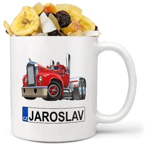 Hrnek SPZ se jménem – barevný kamion (Jméno: Jaroslav, Náplň hrníčku: Tropická směs)