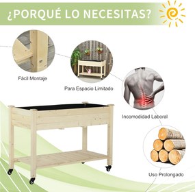 Outsunny Zvednutý městský zahradní stůl 118x55x83 cm Dřevěné zvýšené lůžko se policí Geotextilní látka Kola s brzdami Přenosné pro zahradničení na te…