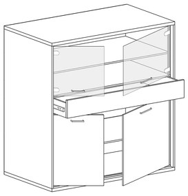 Mediolan - vitrína M5 + KOVOVÉ NOŽIČKY - natural hikora + dekorační deska