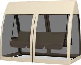 Outsunny 3-místná zahradní houpačka s možností přeměny na lůžko s moskytiérou, kovová konstrukce, nosnost 300 kg, 240x140x197 cm, bežová | Aosom