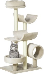 PawHut Kočičí strom, škrábací sloup, škrábací hračky, tunel, béžový L50 x Š40 x V105 cm | Aosom