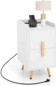 Costway Noční stolek s nabíjecí stanicí, úzká noční skříňka s 2 zásuvkami a USB