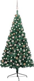 vidaXL Umělý vánoční půl stromek s LED a sadou koulí zelený 180 cm [3077565] Barva: green and rose