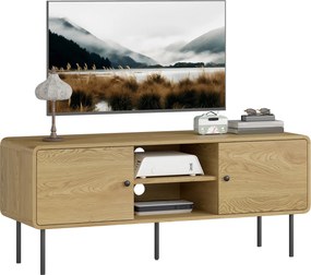 HOMCOM TV nábytek, televizní skříň až do 140 cm s 2 dveřmi, 2 otevřenými přihrádkami, kovovými nohami, 120 x 40 x 50 cm, dub