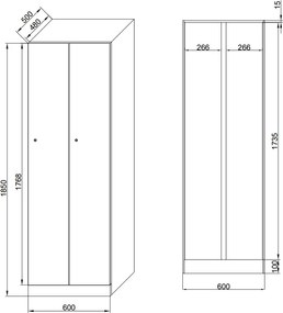 Kovová šatní skříňka S1, 2 oddíly, 1850 x 600 x 500 mm, demont, mechanický kódový zámek, laminované dveře, dub přírodní