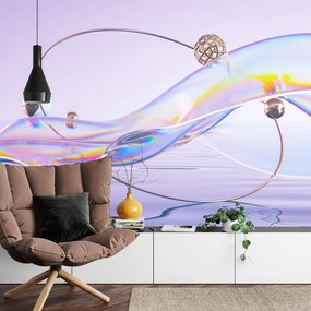 Fototapeta Abstract 3D Render. Glass Ribbon On Water With Geometric Circle And Spheres. Holographic Shape In Motion. Iridescent Digital Art For Banner Background, Wallpaper. Transparent Glossy Design Element. Omyvatelný vlies 368x254