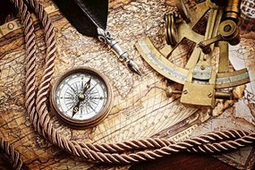 DIMEX | Samolepicí vliesová fototapeta na zeď Vintage kompas na mapě II. MA-5-1554 | 375 x 250 cm | zlata, hnědá, šedá