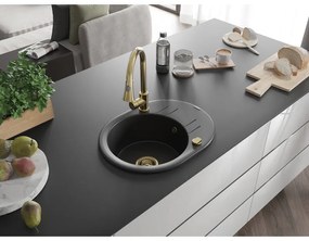 Mexen Kevin, 1-komorový granitový dřez 586x458x190 mm a dřezová baterie Elia, černá, 6517-77-670101-50