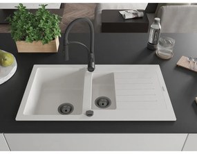 Mexen Matias, granitový dřez 900x505x200 mm, 1,5-komorový a dřezová baterie Aster, bílá, 6502-20-73450-70-B