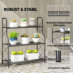 třípatrový stojan na rostliny, výška 78 cm Stojan na květiny s držadly, kovový stojan na rostliny černý