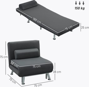 HOMCOM Skládací křeslo s funkcí postele, skládací polohovací křeslo v sametovém stylu, nastavitelná opěradla, 75 x 70 x 75 cm, tmavě šedá