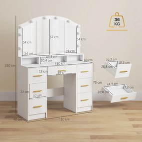 HOMCOM Toaletní stolek s 10 LED hollywoodskými žárovkami, zrcadlo, 7 zásuvek, 3 přihrádky, MDF, bílá
