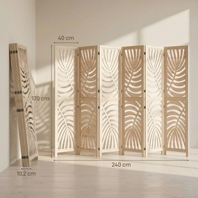HOMCOM Paraván do interiéru ze dřeva 6 panelů 240 x 170 cm, skládací a přenosný, motiv listů, odnímatelný design, přírodní dřevo