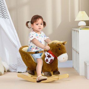 HOMCOM Houpací kůň pro děti 18-36 měsíců s dětskými zvuky, bezpečnostním pásem, řídítky a podnožkou, nosnost 40 kg, 60x33x50 cm, hnědý