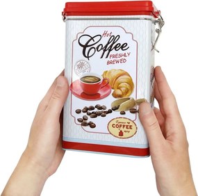 Plechová dóza Kávová zrna, 500 g – bílá a červená, lesklý povrch, s patentním uzávěrem, na kávu, bylinky, těstoviny a drobnosti