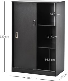 HOMCOM Zamykatelný kancelářský skříň s posuvnými dveřmi rozměry 80Š x 40H x 120V cm 2 police Dřevotříska Černá