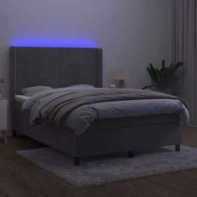 Box spring postel s matrací a LED světle šedá 140x190 cm samet 3139439