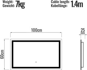 Aquamarin Koupelnové zrcadlo s LED osvětlením, 100 x 70 cm