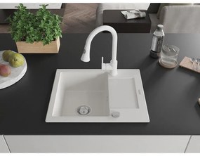 Mexen Enzo, 1-komorový granitový dřez 576x465x174 mm a dřezová baterie Elia, bílá, 6506-20-670101-20