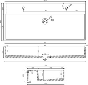 Sapho Sapho, QUADRADO betonové umyvadlo včetně výpusti, 96x44 cm, 2 otvory, černý granit, AR473