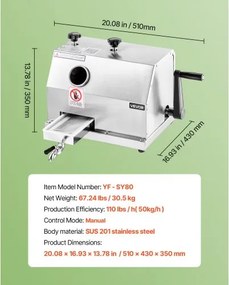 Komerční odšťavňovač na cukrovou třtinu Výkon 49,9 kg/H 3 válce 6,1 cm vstup