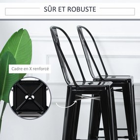 HOMCOM Sada 4 Stackable Barových Židlí Průmyslové Barové Křeslo s Opěrkou a Podnožkou, Výška Sedáku 76 cm, Černý Kov