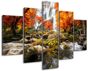 Gario Obraz s hodinami Podzimní vodopád - 5 dílný Rozměry: 150 x 105 cm