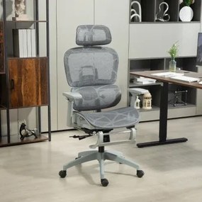 HOMCOM Kancelářská židle, ergonomická židle k psacímu stolu s potahem ze síťoviny, nastavitelná, na kolečkách, s opěrkami rukou, opěrkou hlavy, šedá